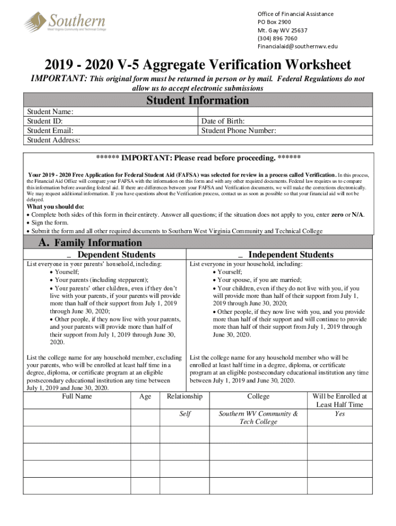 Fillable Online 2019 - 2020 V-5 Aggregate Verification Worksheet Fax Email Print - pdfFiller