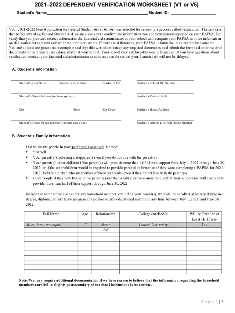 Fillable Online 20212022 DEPENDENT VERIFICATION WORKSHEET (V1 or V5) Fax Email Print - pdfFiller