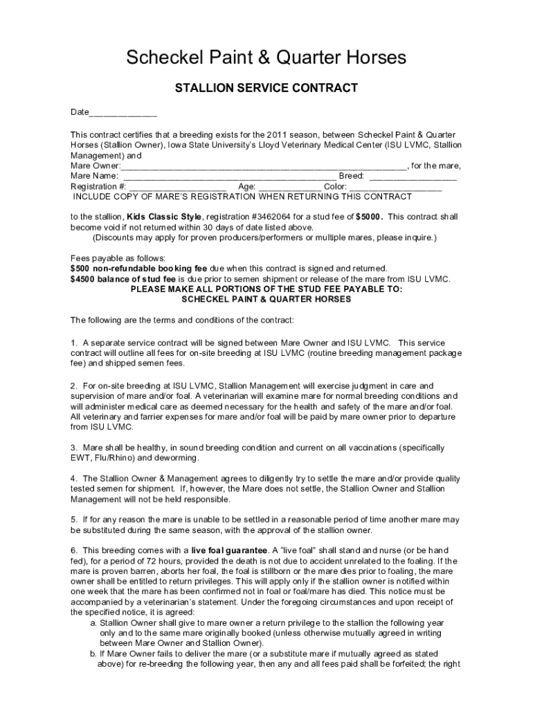Fillable Online 2011 Kids Classic Style Stallion Service Contract Fax ...