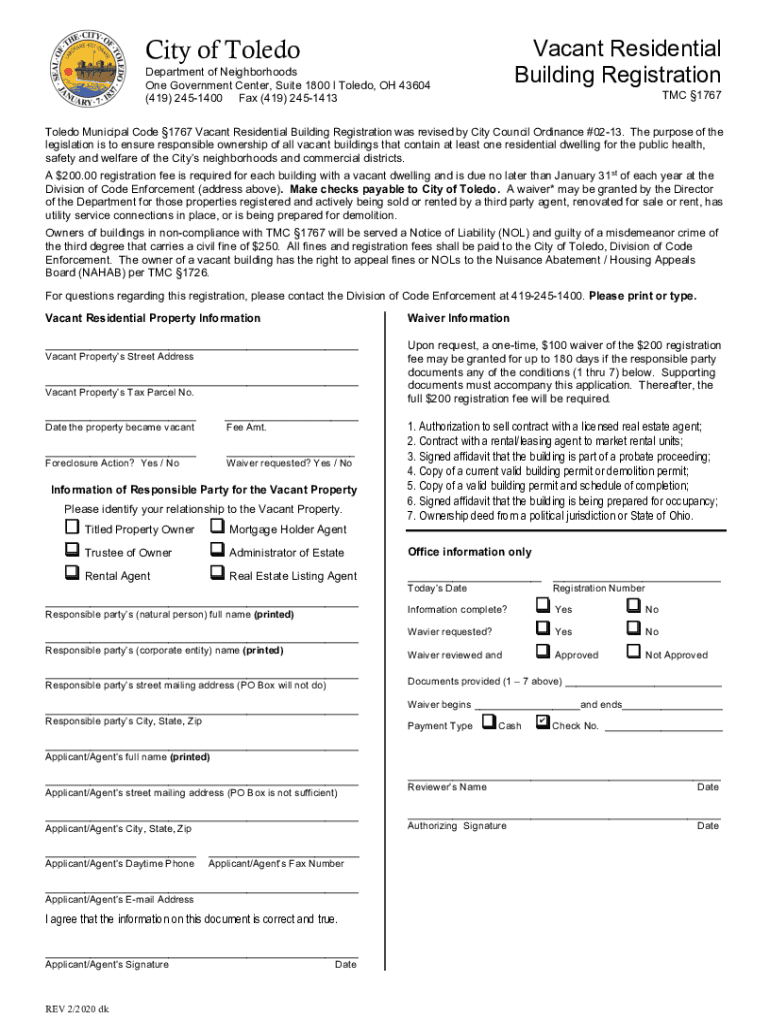 Fillable Online Vacant Property Registration Form (rev 113018 dk) Fax ...