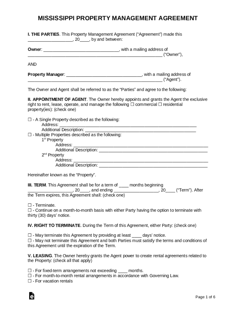 Mississippi Property Management Agreement Doc Template | pdfFiller