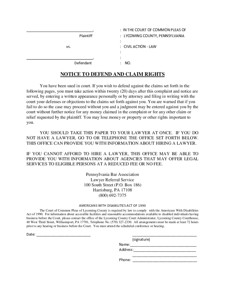 Fillable Online NOTICE TO DEFEND AND CLAIM RIGHTS - Lycoming County Fax Email Print - pdfFiller
