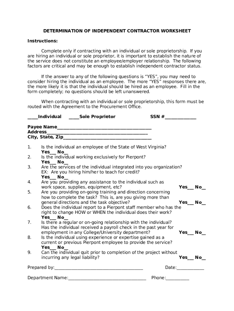 DETERMINATION OF INDEPENDENT CONTRACTOR WORKSHEET Doc Template | pdfFiller