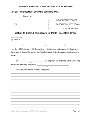 Fillable Online Motion to Extend Temporary Ex Parte Protective Order ...