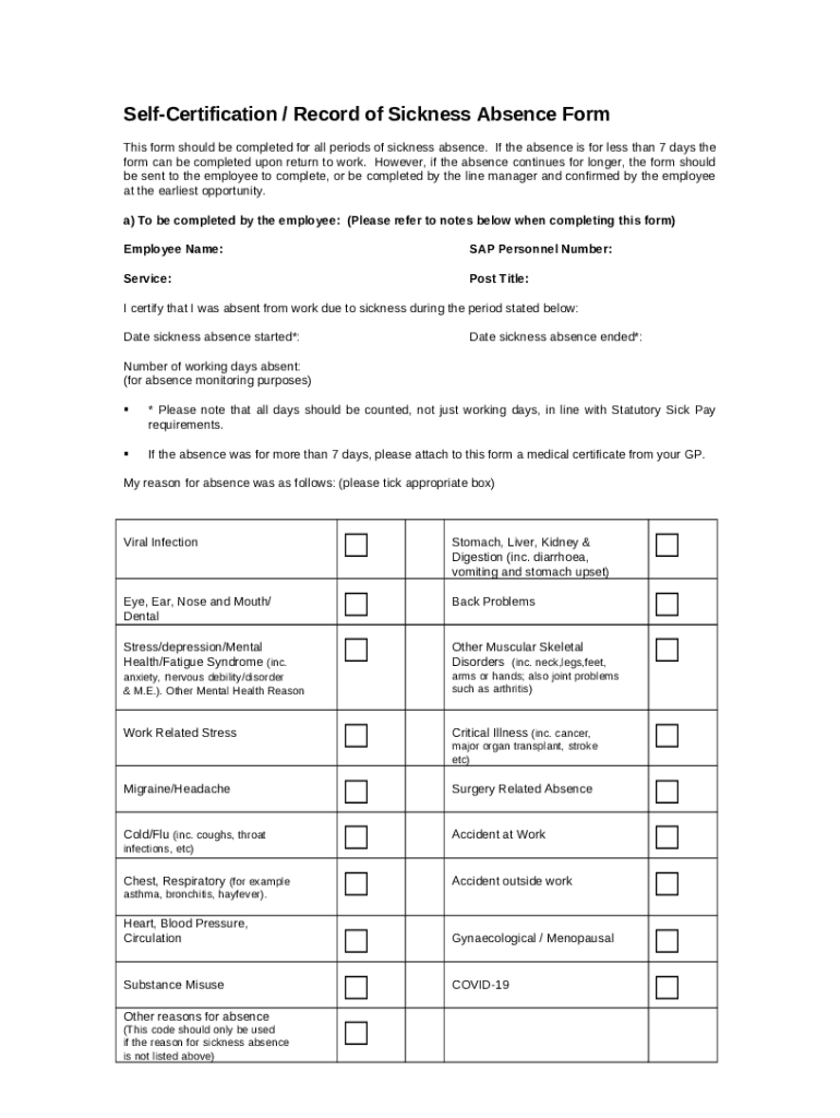 Self Certification for Sickness & Absence.Self Certification for Sickness & Absence.Self ...