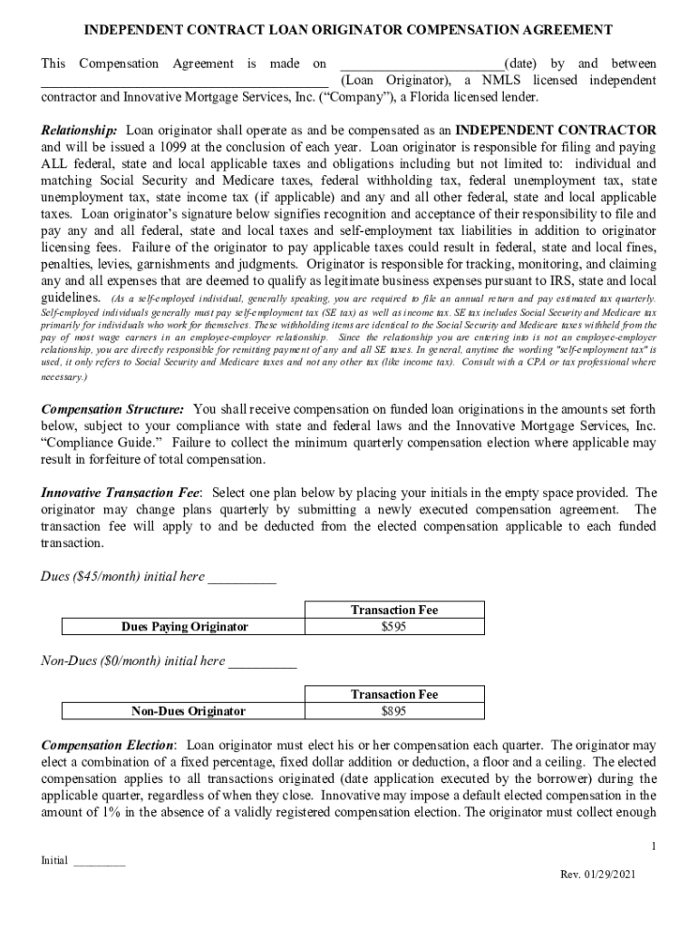 Sample Mortgage Loan Originator Compensation Agreement - Fill Online ...
