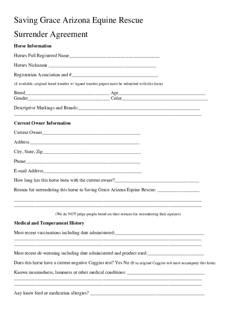 Fillable Online Saving Grace Arizona Equine Rescue Surrender Agreement ...