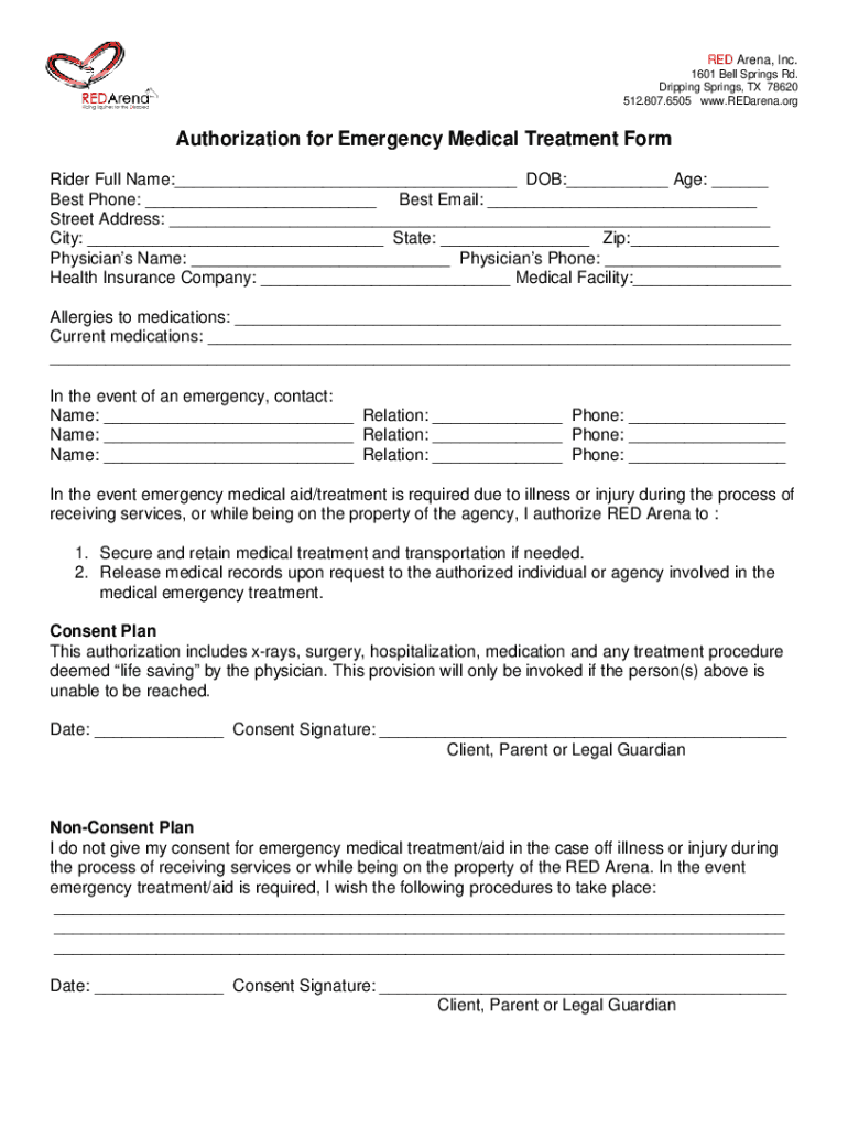 Fillable Online Authorization for Emergency Medical Treatment Form ...