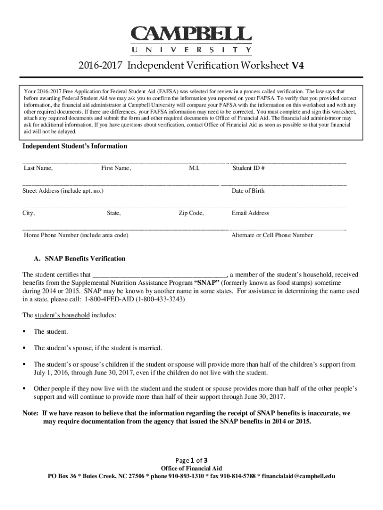 Fillable Online 2016 2017 Verification Worksheet Independent Student V4 Fax Email Print - pdfFiller