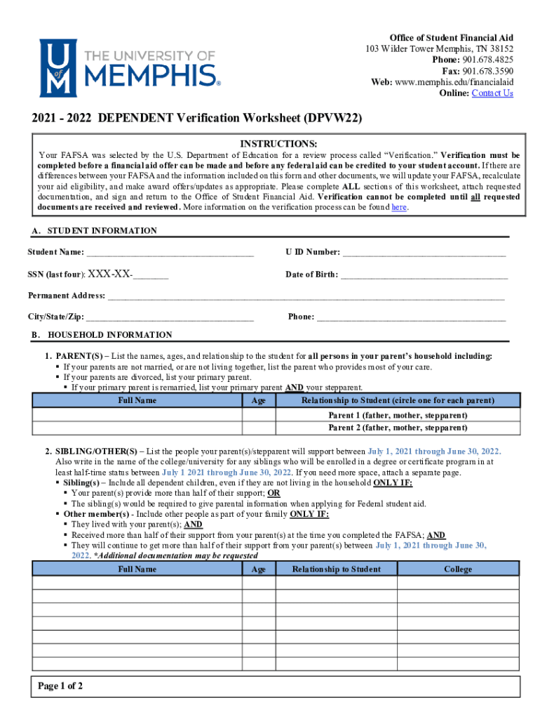 Fillable Online 2021 - 2022 DEPENDENT Verification Worksheet (DPVW2 2) Fax Email Print - pdfFiller