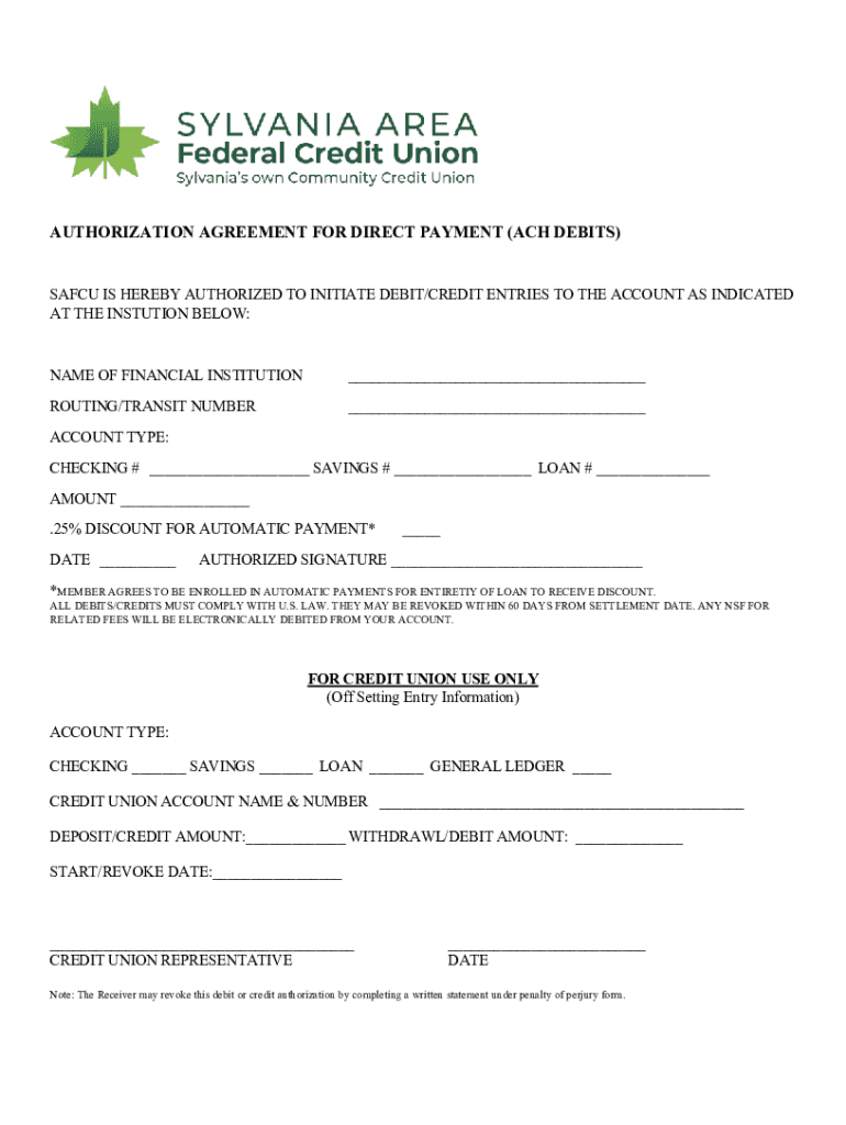 Fillable Online AUTHORIZATION AGREEMENT FOR ACH DIRECT PAYMENTS OF ...