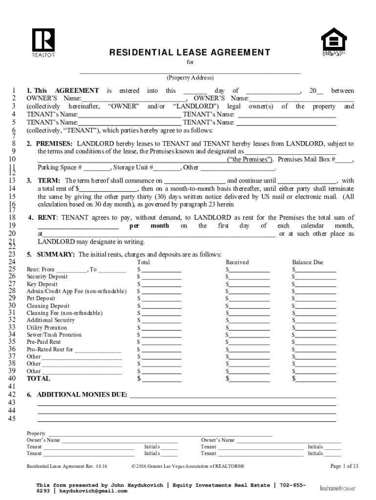 Fillable Online Free Standard Residential Lease Agreement Template ...