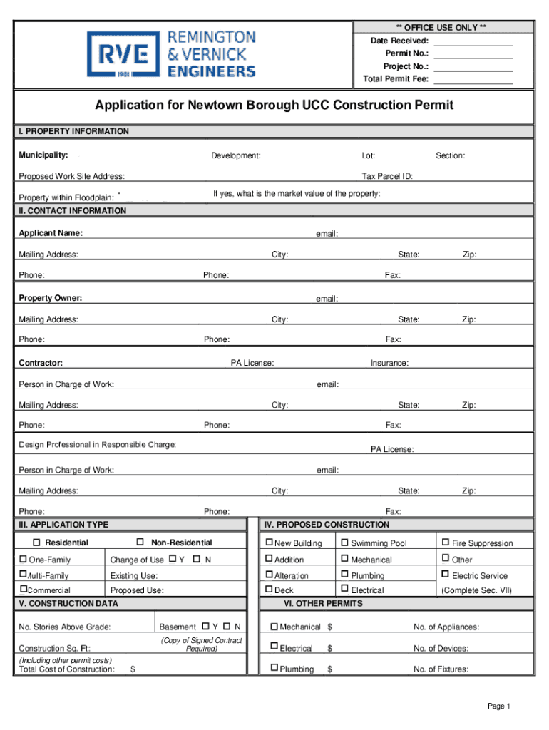 Fillable Online Application for Newtown Borough UCC Construction Permit Fax Email Print - pdfFiller