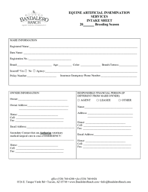 Fillable Online EQUINE ARTIFICIAL INSEMINATION SERVICES INTAKE SHEET 20 ...