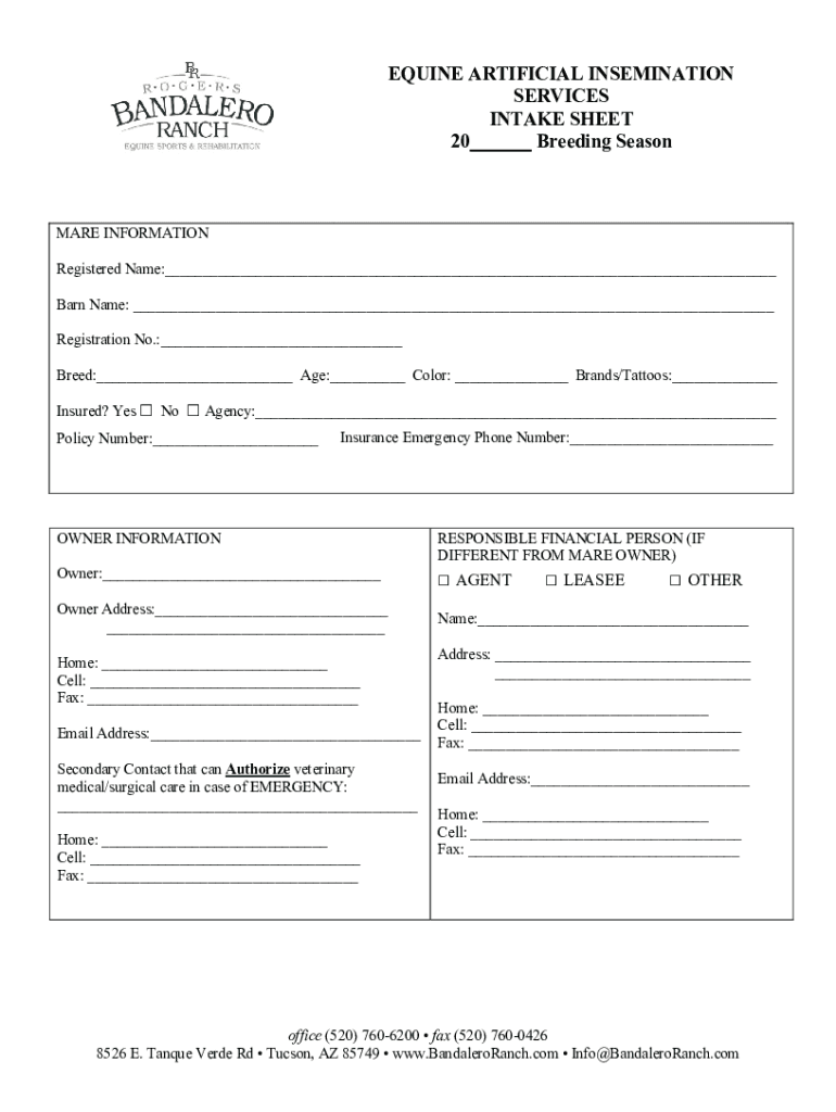 Fillable Online EQUINE ARTIFICIAL INSEMINATION SERVICES INTAKE SHEET 20 ...