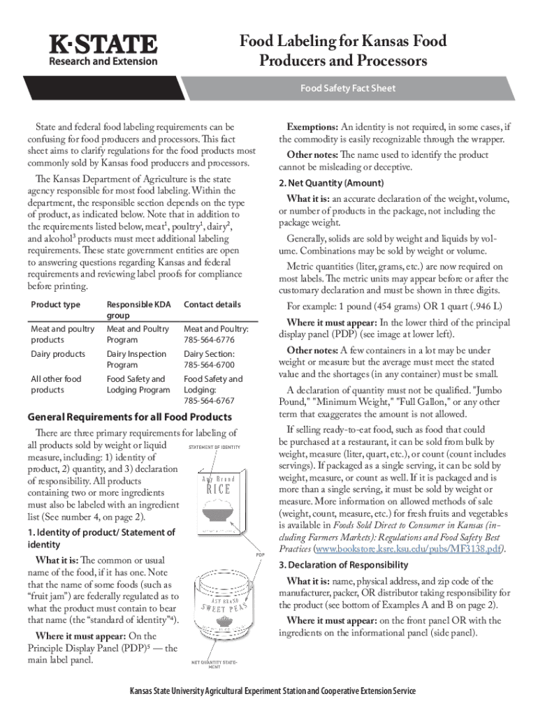 Fillable Online MF3385 Food Labeling For Kansas Food Producers And