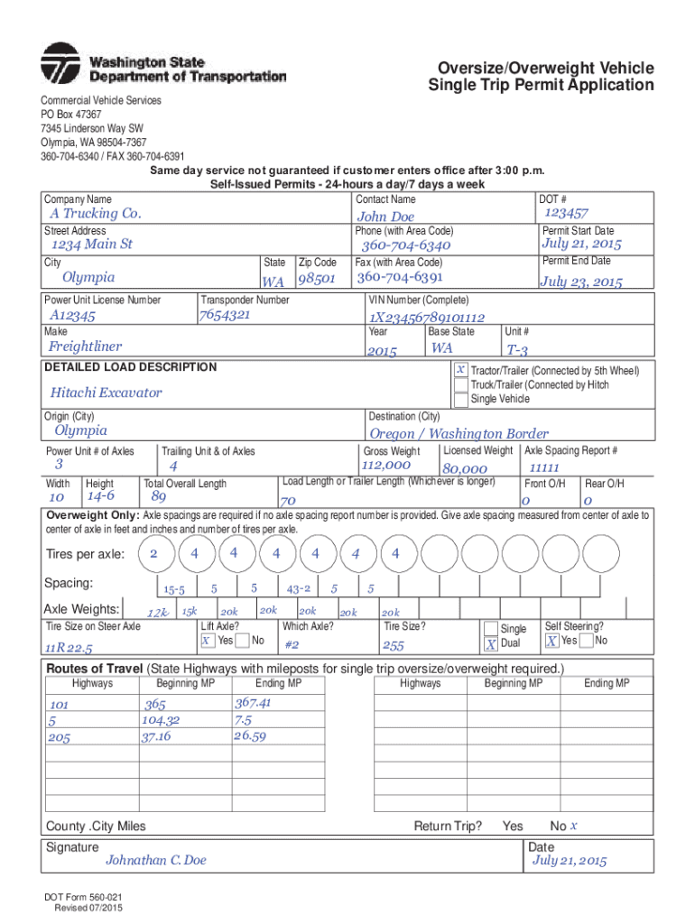 Fillable Online wsdot wa 560-012 Oversize overweight vehicle single ...