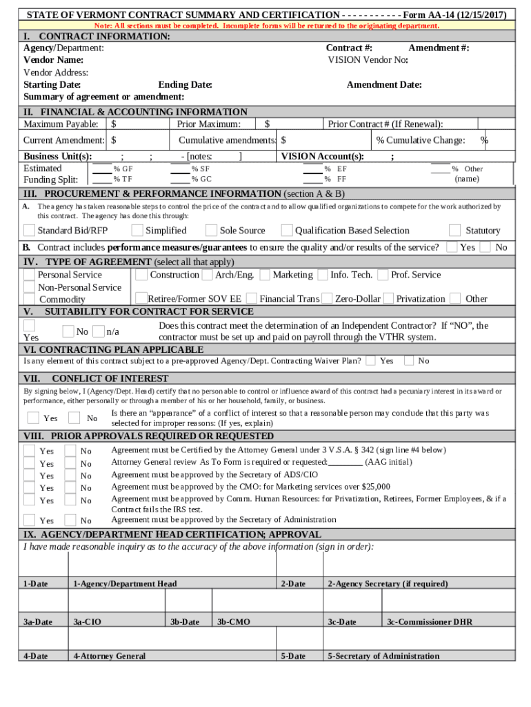 STATE OF VERMONT CONTRACT SUMMARY AND CERTIFICATION AA-14 - aoa vermont ...