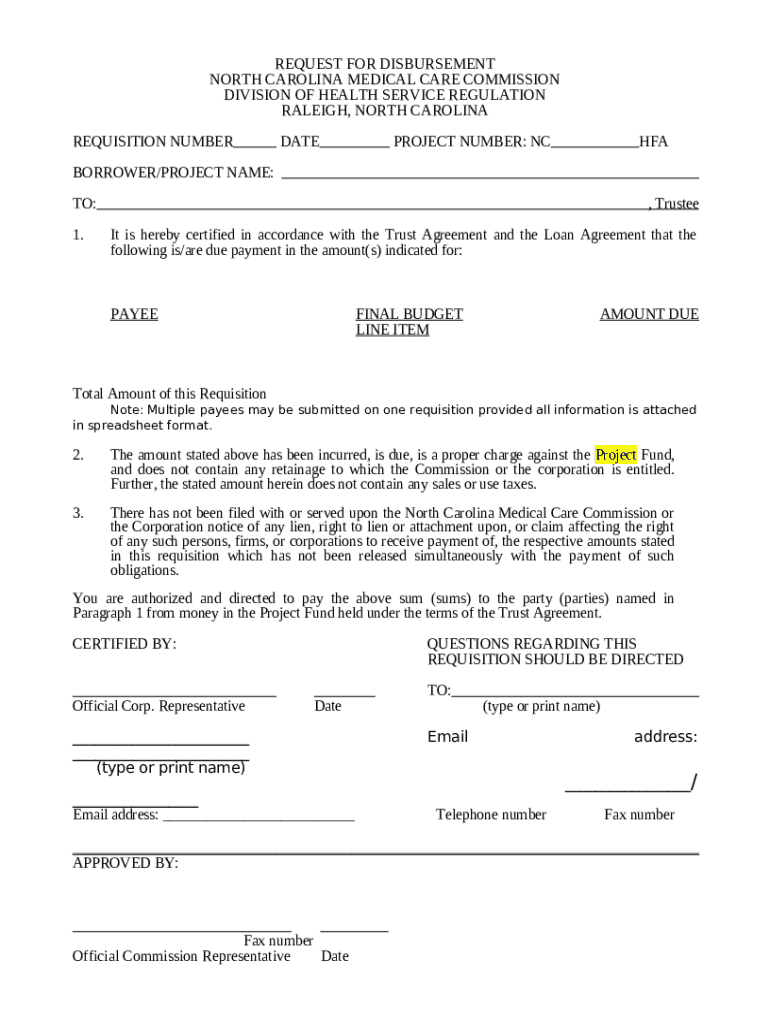 NC DHSR MCC: Request for Disbursement Cost of Issuance Fund Doc Template | pdfFiller