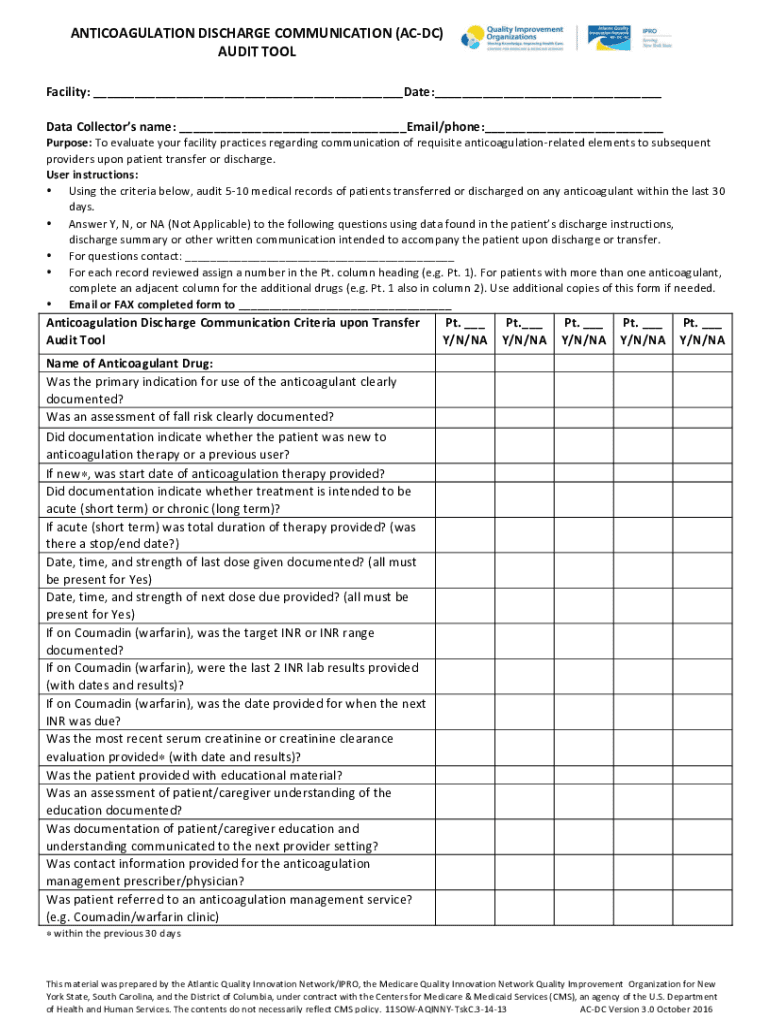 Fillable Online ANTICOAGULATION DISCHARGE COMMUNICATION (AC-DC)AUDIT ...