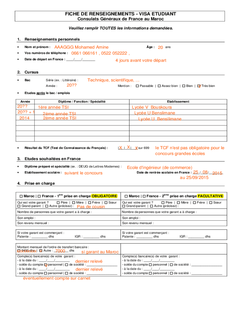 Remplissable En Ligne Fiche De Renseignement Visa Etudiant - Fill and ...