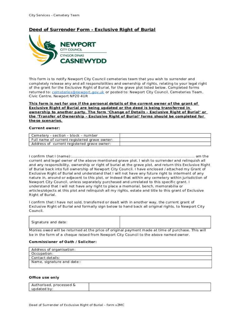 Deed of Surrender - Exclusive Right of Burial Doc Template | pdfFiller