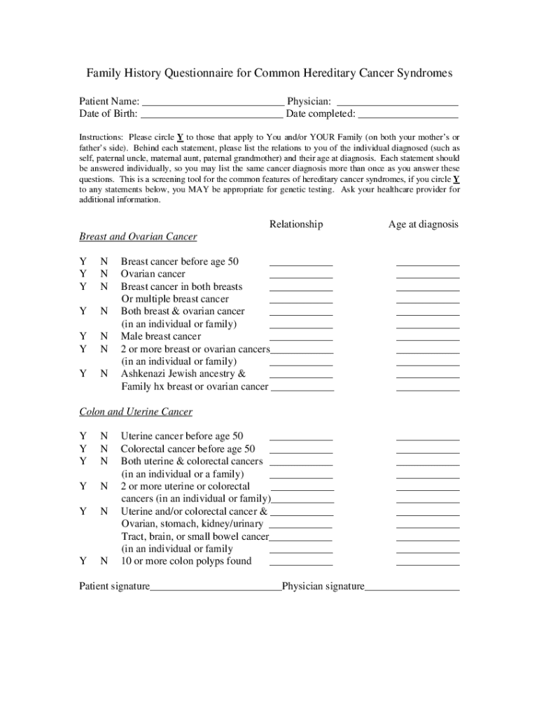 Fillable Online Family History Questionnaire for Common Hereditary ...