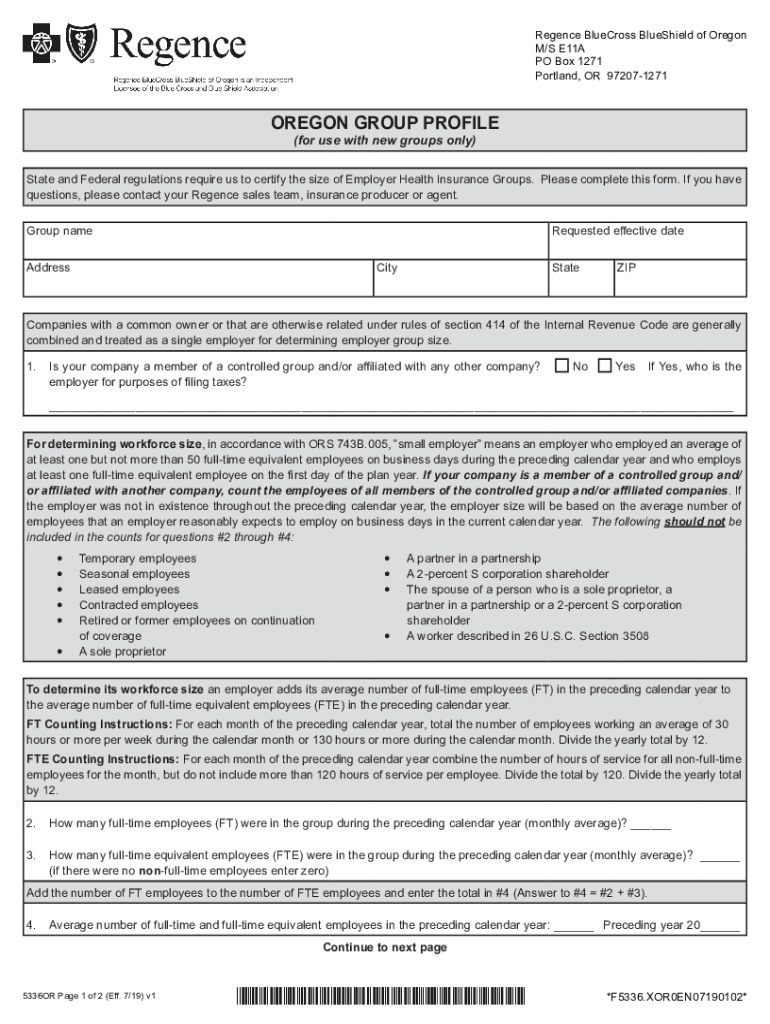 Fillable Online Regence BlueCross BlueShield of Oregon Group Profile (for use with new groups ...