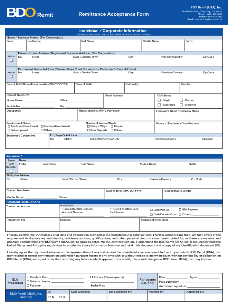 Fillable Online BDO Remit (USA), Inc. Remittance Acceptance Form TEL ...
