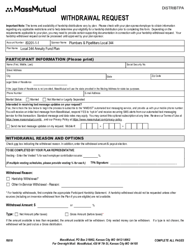 Fillable Online Hardship Distribution Request Form RDISTRIB Fax Email ...
