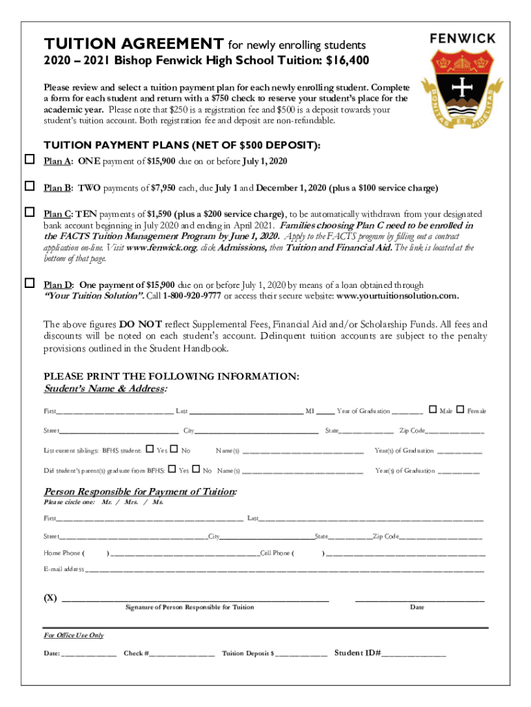 Fillable Online TUITION PAYMENT PLANS (NET OF $500 DEPOSIT) - fenwick.org Fax Email Print ...