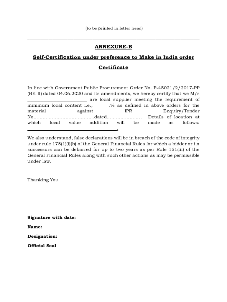 Fillable Online ANNEXURE-B Self-Certification under preference to Make in ... Fax Email Print ...