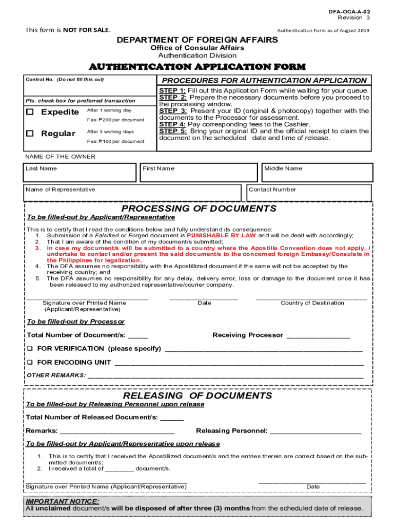 Fillable Online AUTHENTICATION APPLICATION FORM - DFA Office of Consular ... Fax Email Print ...
