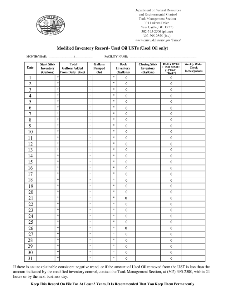 Fillable Online Modified Inventory Record- Used Oil USTs (Used Oil only ...