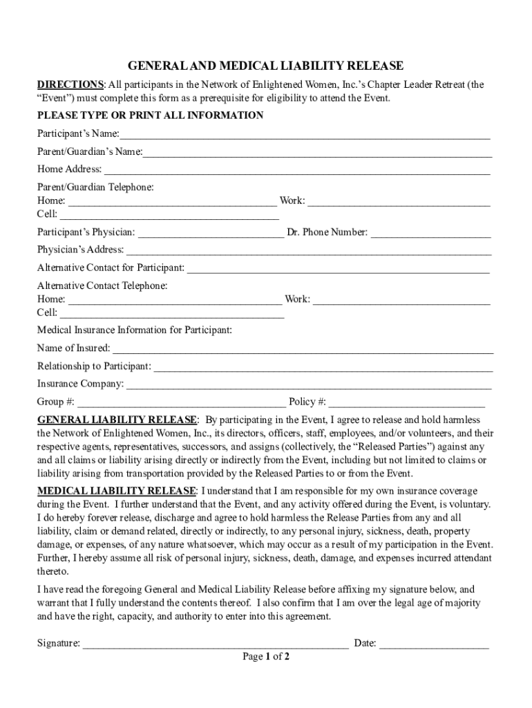 Fillable Online General and Medical Liability Release Form NeW NC Fax ...