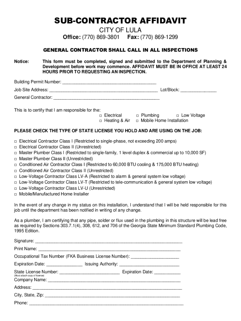 Fillable Online Subcontractor Registration or Affidavit form - Online ...