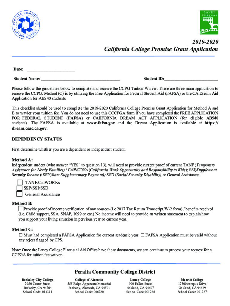 Fillable Online 2019-2020 California College Promise Grant Application ...