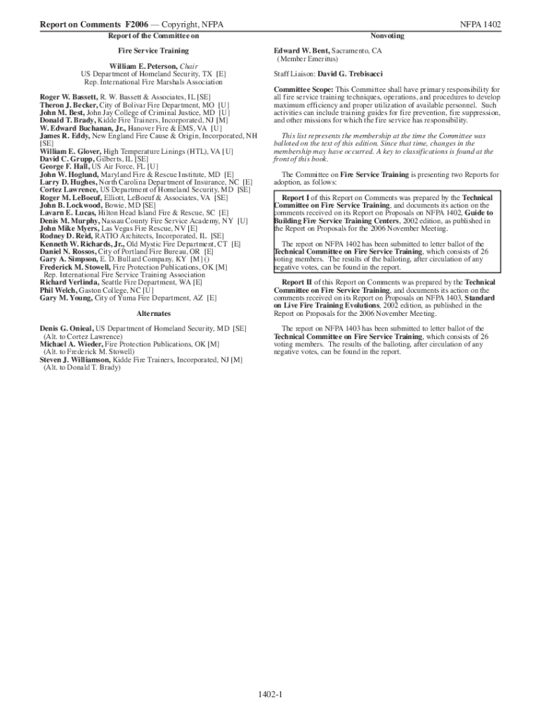 Fillable Online Report on Proposals F2006Copyright, NFPA NFPA 1402 Fax ...