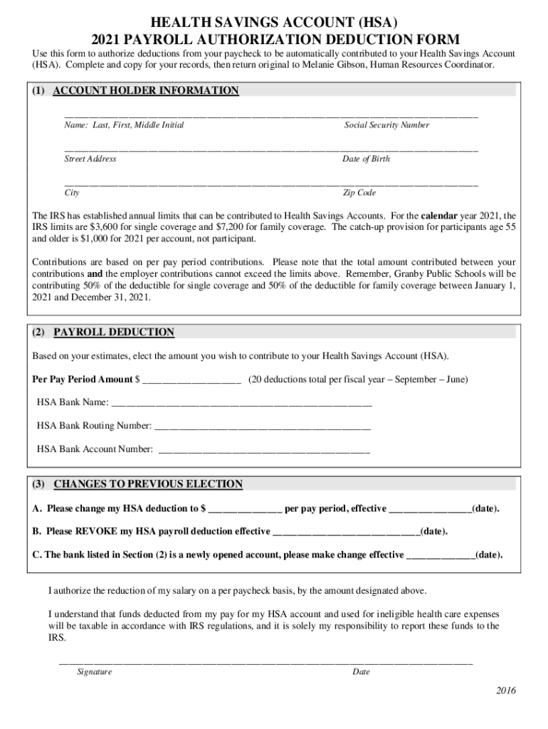 Fillable Online 2021 Payroll Deduction Form for HSA Contribution Fax ...