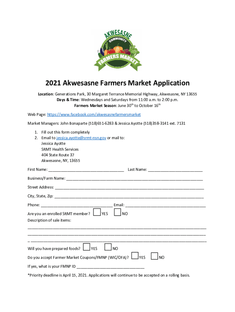 Fillable Online 2021 Akwesasne Farmers Market Application Fax Email ...