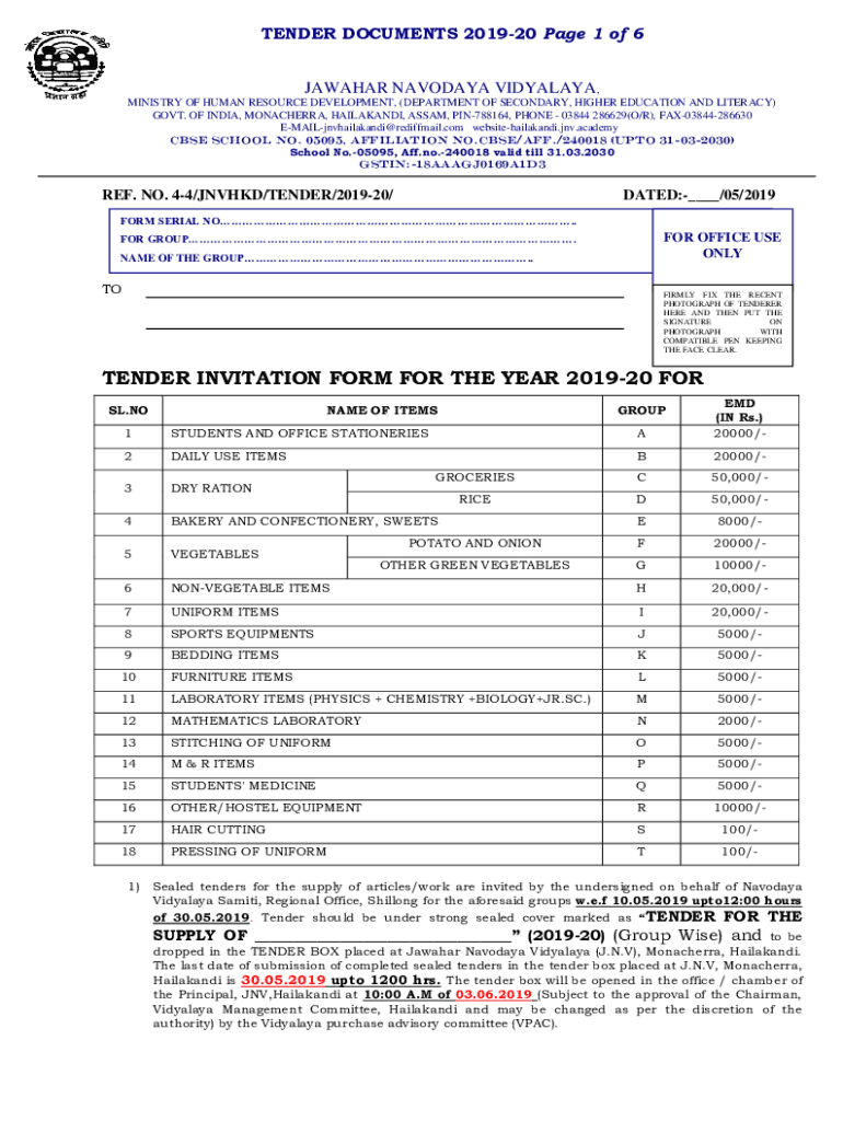 Fillable Online TENDER INVITATION FORM FOR THE YEAR 2019-20 FOR Fax ...