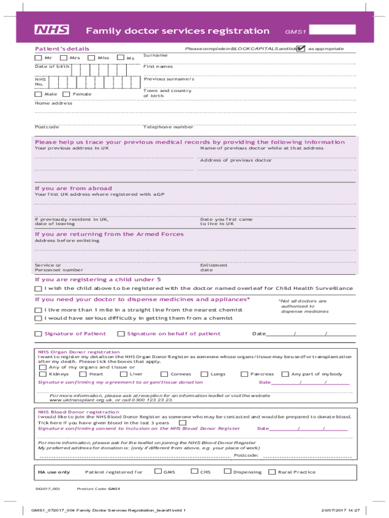 Fillable Online NHS Family NHS Family doctor services registration ...