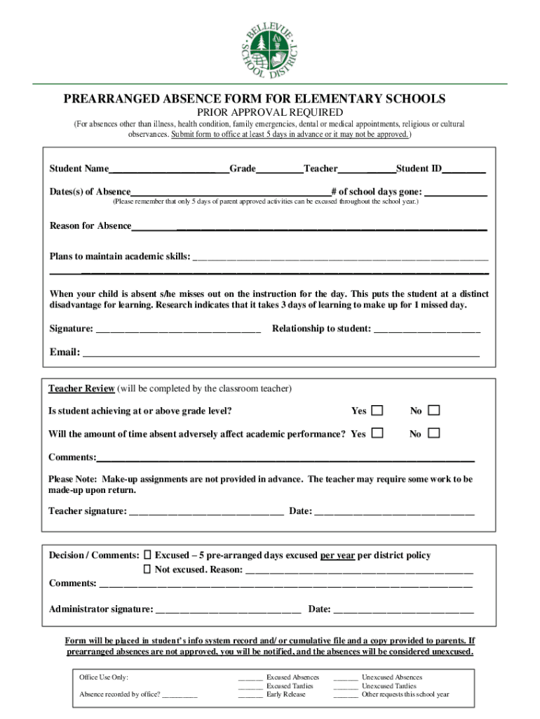 Fillable Online PREARRANGED ABSENCE FORM FOR ELEMENTARY ... Fax Email ...