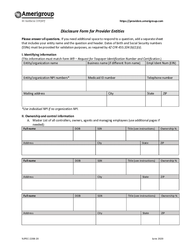 Fillable Online Disclosure Form for Provider Entities - Amerigroup Fax ...