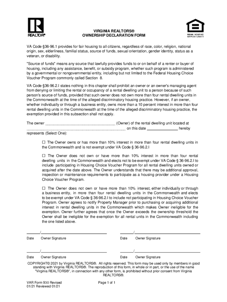Fillable Online Virginia REALTORS Form 9xx - Ownership Declaration Form ...