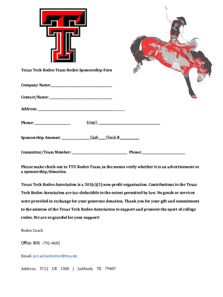 Fillable Online Texas Tech Rodeo Team Rodeo Sponsorship Form Company ...