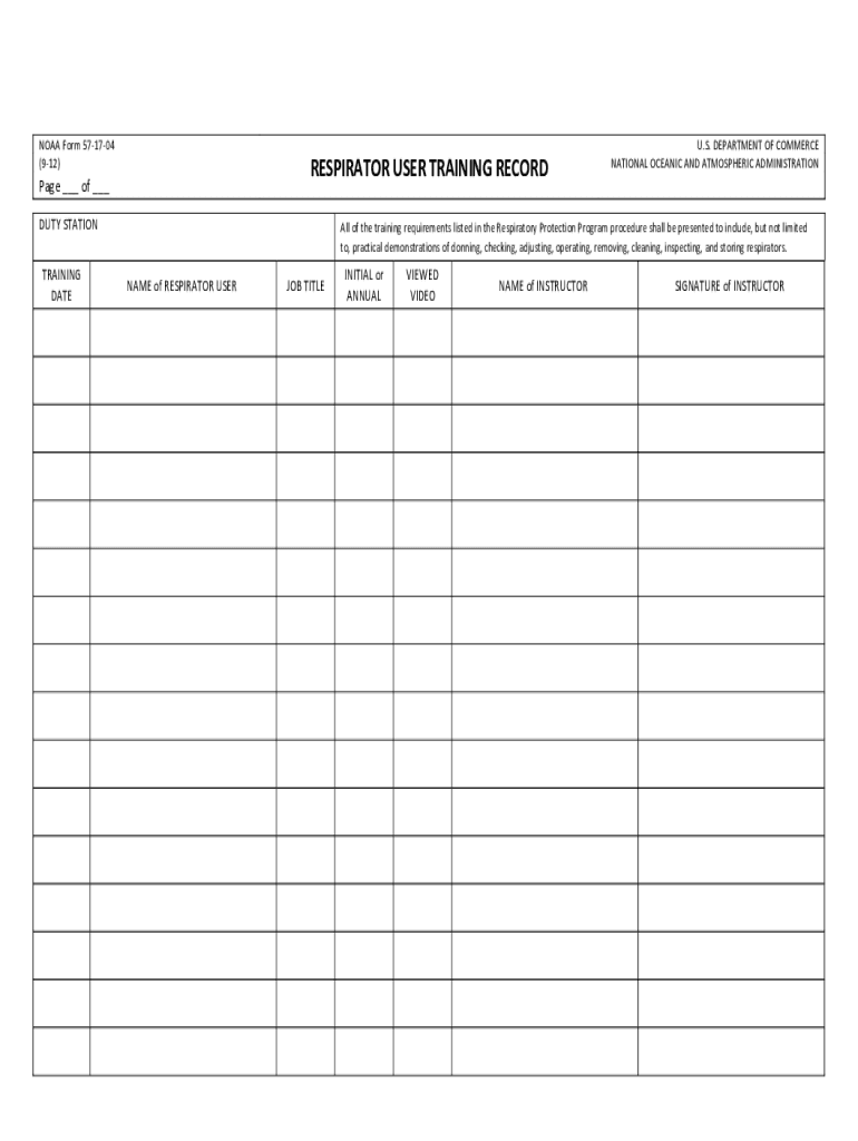 Fillable Online NOAA Form 57-17-04 Respirator User Training Record ...