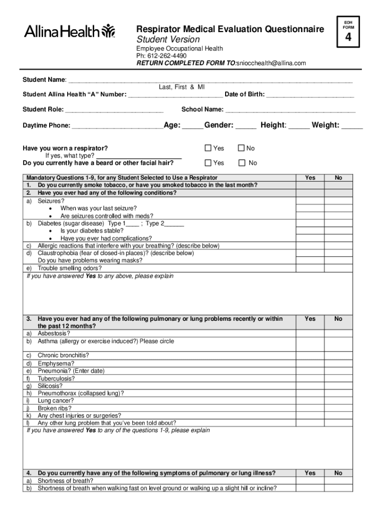 Fillable Online ALLINA RESPIRATOR MEDICAL EVALUATION QUESTIONNAIRE Fax ...