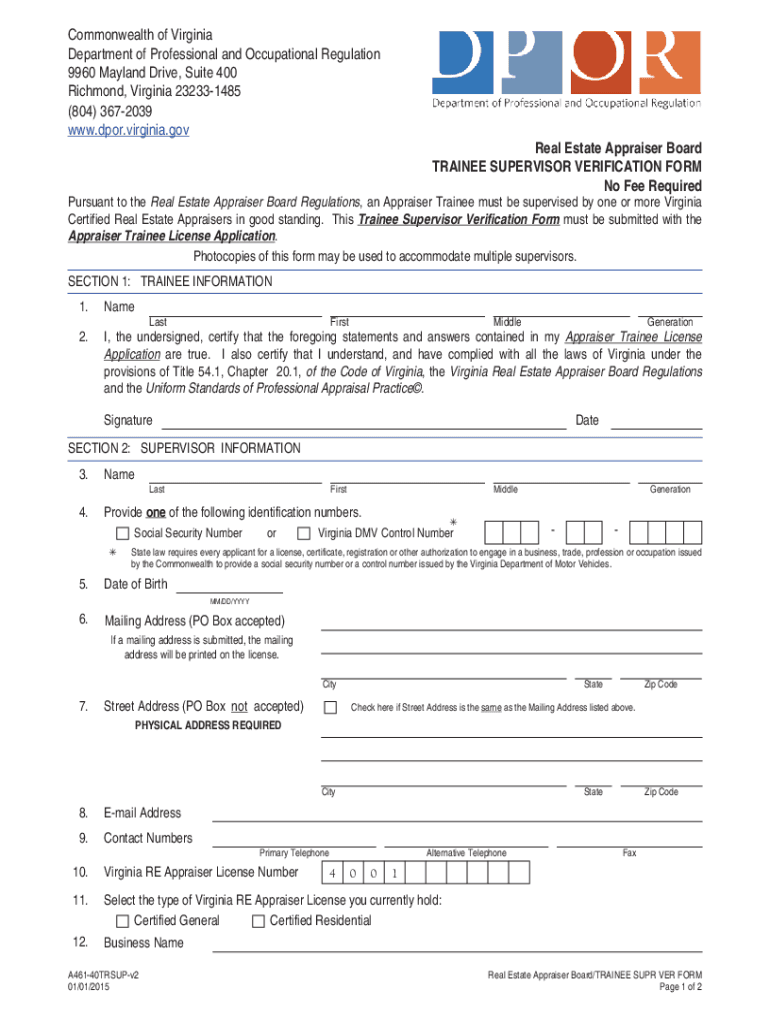Fillable Online RE Appraiser Board - DPOR Home Page Virginia Department ...