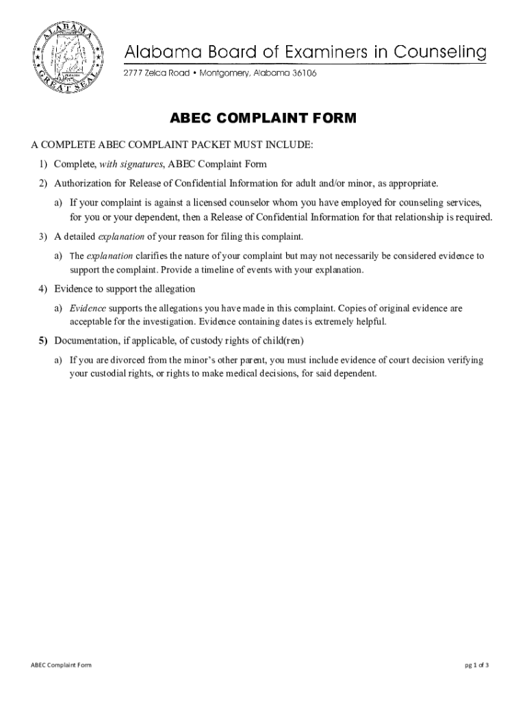Fillable Online abec alabama ABEC COMPLAINT FORM - Alabama Fax Email ...